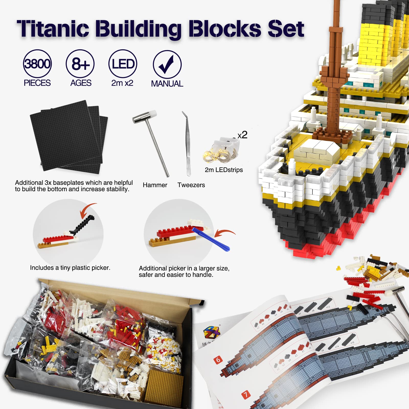 Sumkurt Titanic Building Blocks Set with LED, 3800pcs Titanic Toy Micro Building Kit, Titanic Gift Ship Model Building Bricks, DIY Educational Christmas Toys Gift