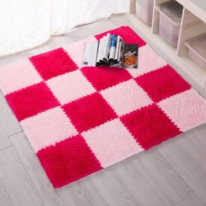 LKXHarleya 16pcs Interlocking Foam Mats, Fluffy Carpet Tiles Plush Area Rug Interlocking Floor Tiles Soft Floor Mats, Pink