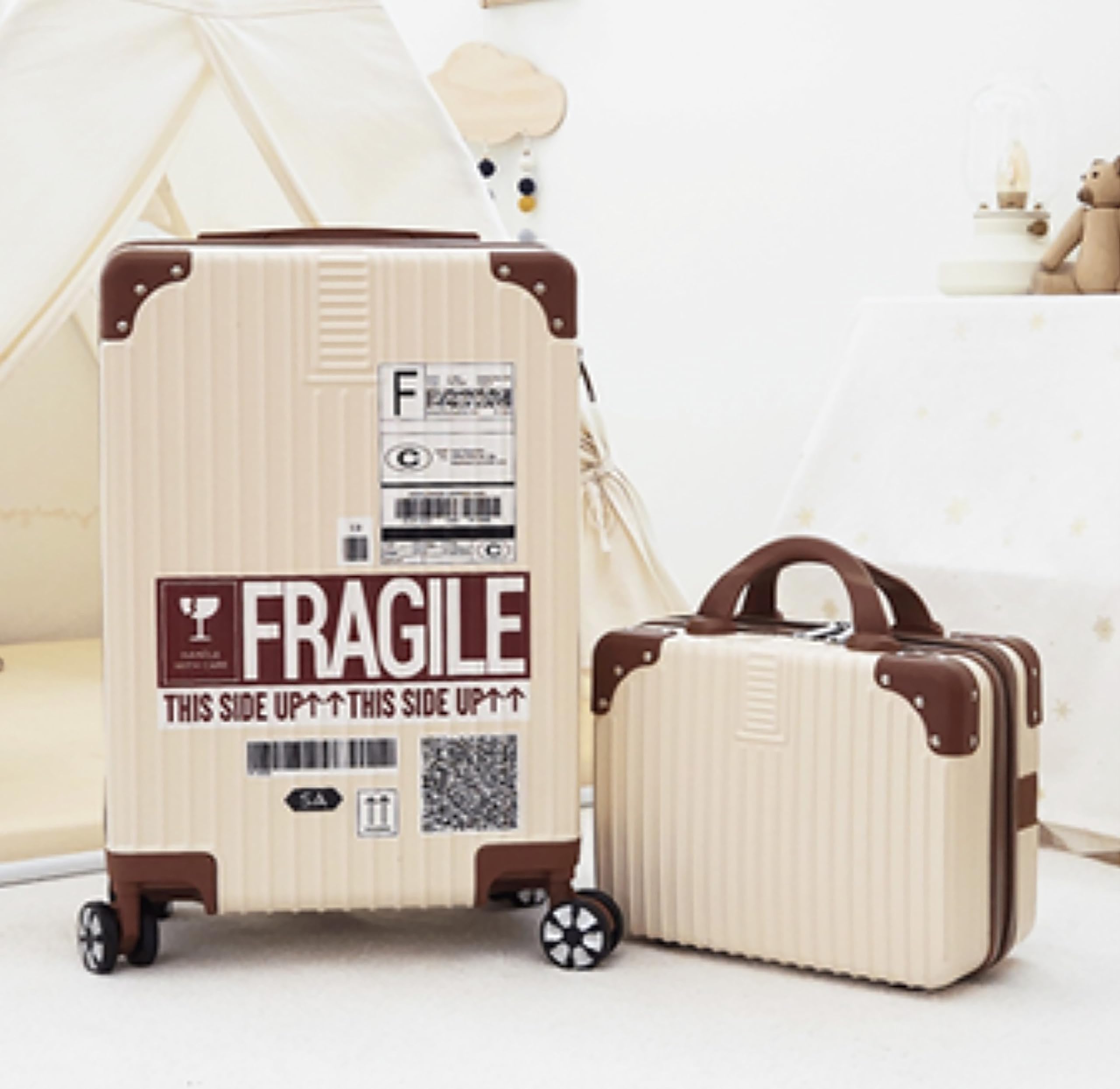 Carry On Luggage Suitcase with Wheels 2-Piece Luggage Sets 20" Carry-On and 14" Small Bag Lightweight Carrying Bag Potable Make up Travel Case - Ivory