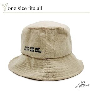 Atticus Poetry Bucket Hat, Love Her But Leave Her Wild - Trendy Summer Girl Terry Cloth Cap, Sun Hats for Women, One Size (Khaki, Heart)