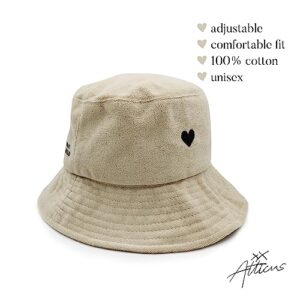 Atticus Poetry Bucket Hat, Love Her But Leave Her Wild - Trendy Summer Girl Terry Cloth Cap, Sun Hats for Women, One Size (Khaki, Heart)