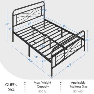 Yaheetech Queen Bed Frames Metal Platform Bed Mattress Foundation with Criss-Cross Design Headboard, Ample Underbed Storage Space, Heavy Duty Slat Support, No Box Spring Needed, Queen Size Black