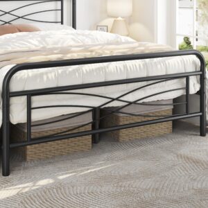 Yaheetech Queen Bed Frames Metal Platform Bed Mattress Foundation with Criss-Cross Design Headboard, Ample Underbed Storage Space, Heavy Duty Slat Support, No Box Spring Needed, Queen Size Black