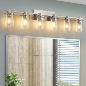 xgfourseven brushed nickel bathroom vanity light, 6-light bathroom light fixtures with clear glass shade, nickel wall sconce for bathroom lighting (brushed nickel, 6 light)