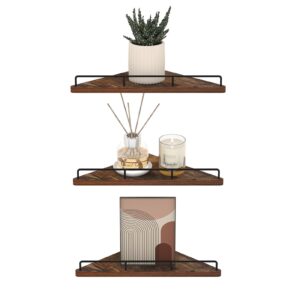 trwcrt floating corner shelf wall mounted set of 3, rustic wood wall storage shelves for bedroom, living room, bathroom, kitchen, brown