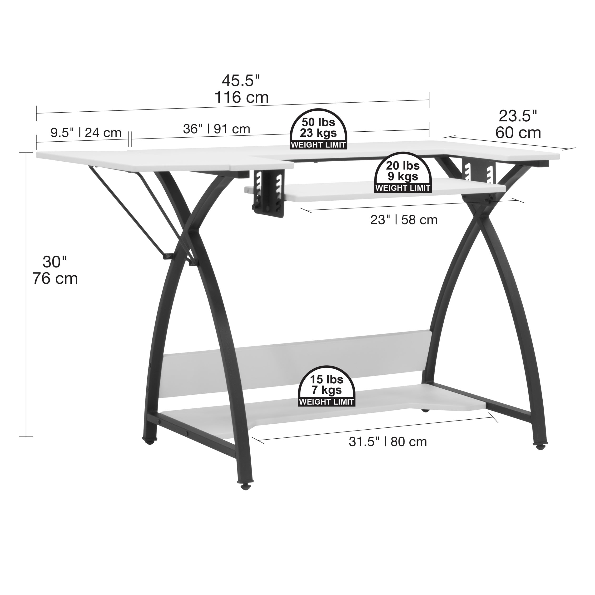 Sew Ready Comet Plus Hobby Side and Lower Shelf Sewing Table, 45.5" W x 23.5" D x 30" H, Black/White