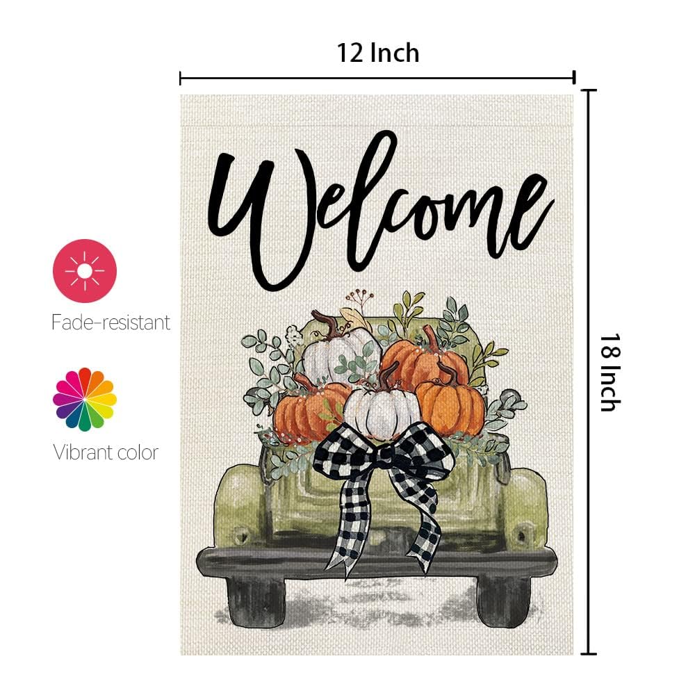 CROWNED BEAUTY Fall Garden Flag 12x18 Inch Double Sided for Outside Burlap Pumpkin Truck Small Seasonal Autumn Yard Decoration