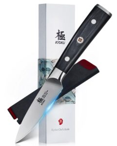 kyoku 3.5" paring knife, samurai series peeling knife with pakkawood handle, japanese high carbon steel sharp knife, full tang small kitchen knife for fruit peeling & slicing with sheath and case