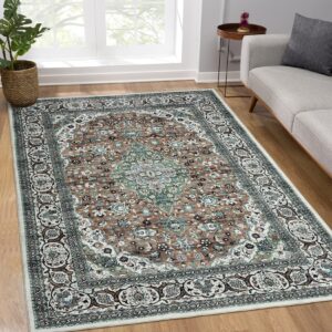 rugsreal 8x10 area rug oriental medallion living room rug machine washable throw rug stain & water resistant washable rug non-shedding indoor floor cover for bedroom dining room, green, 8x10 feet