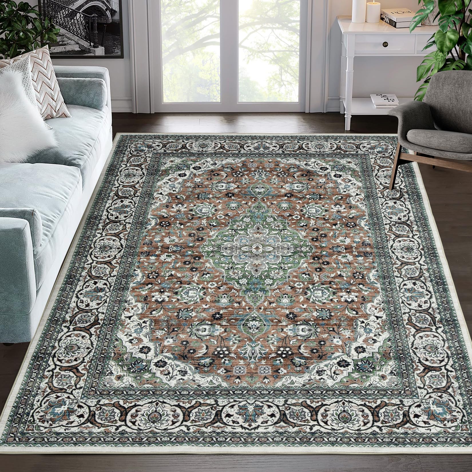 RUGSREAL 8x10 Area Rug Oriental Medallion Living Room Rug Machine Washable Throw Rug Stain & Water Resistant Washable Rug Non-Shedding Indoor Floor Cover for Bedroom Dining Room, Green, 8x10 Feet