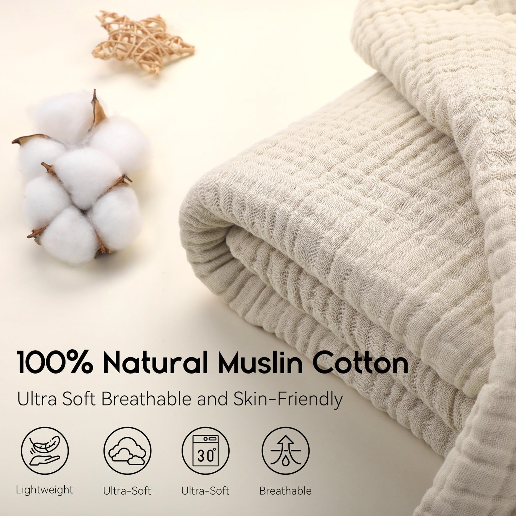 Yoofoss Muslin Blanket 100% Cotton Summer Blanket Large Twin Size 60" x 80" for Bed Couch 6-Layer Gauze Blanket for Adults Lightweight and Breathable Apricot White