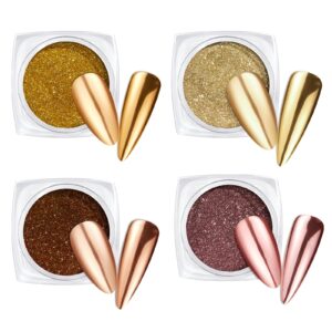 beetles metallic chrome nail powder mirror effect gold champagne chrome powder 4 colors brown nails art design manicure decoration glitter, 0.5g/jar holiday gift for women girls