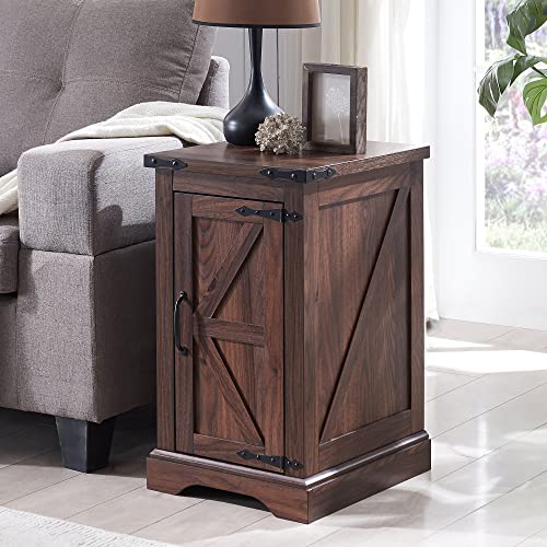 JXQTLINGMU Nightstand with Charging Station, Rectangular Farmhouse End Table with Barn Door and Adjustable Storage Shelf, 17" Deep Wood Rustic Sofa Side Table for Living Room, Bedroom, Brown