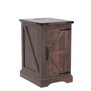 JXQTLINGMU Nightstand with Charging Station, Rectangular Farmhouse End Table with Barn Door and Adjustable Storage Shelf, 17" Deep Wood Rustic Sofa Side Table for Living Room, Bedroom, Brown