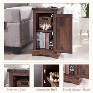 JXQTLINGMU Nightstand with Charging Station, Rectangular Farmhouse End Table with Barn Door and Adjustable Storage Shelf, 17" Deep Wood Rustic Sofa Side Table for Living Room, Bedroom, Brown