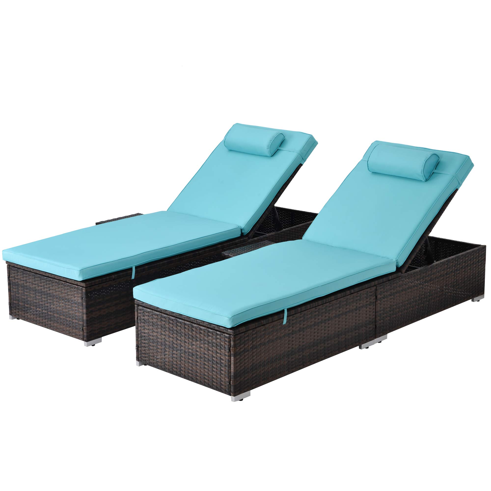 CEMKAR Outdoor PE Wicker Chaise Lounge/ 2 Piece Patio Rattan Reclining Chair Furniture Set/Beach Pool Adjustable Backrest Recliners with Side Table and Removable Cushions (Brown and Blue)