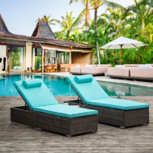 CEMKAR Outdoor PE Wicker Chaise Lounge/ 2 Piece Patio Rattan Reclining Chair Furniture Set/Beach Pool Adjustable Backrest Recliners with Side Table and Removable Cushions (Brown and Blue)