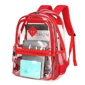 asksky clear backpack for school, thriple compartments heavy duty clear bookbag pvc transparent backpack see through backpack for boys girls women men for stadium events college work,red