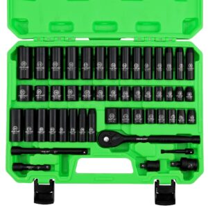 swanlake 3/8" drive impact socket set, 50-piece standard sae (5/16 to 3/4 inch) and metric (8-22mm) size, 6 point, cr-v, 3/8-inch ratchet handle, extension bar, universal joint