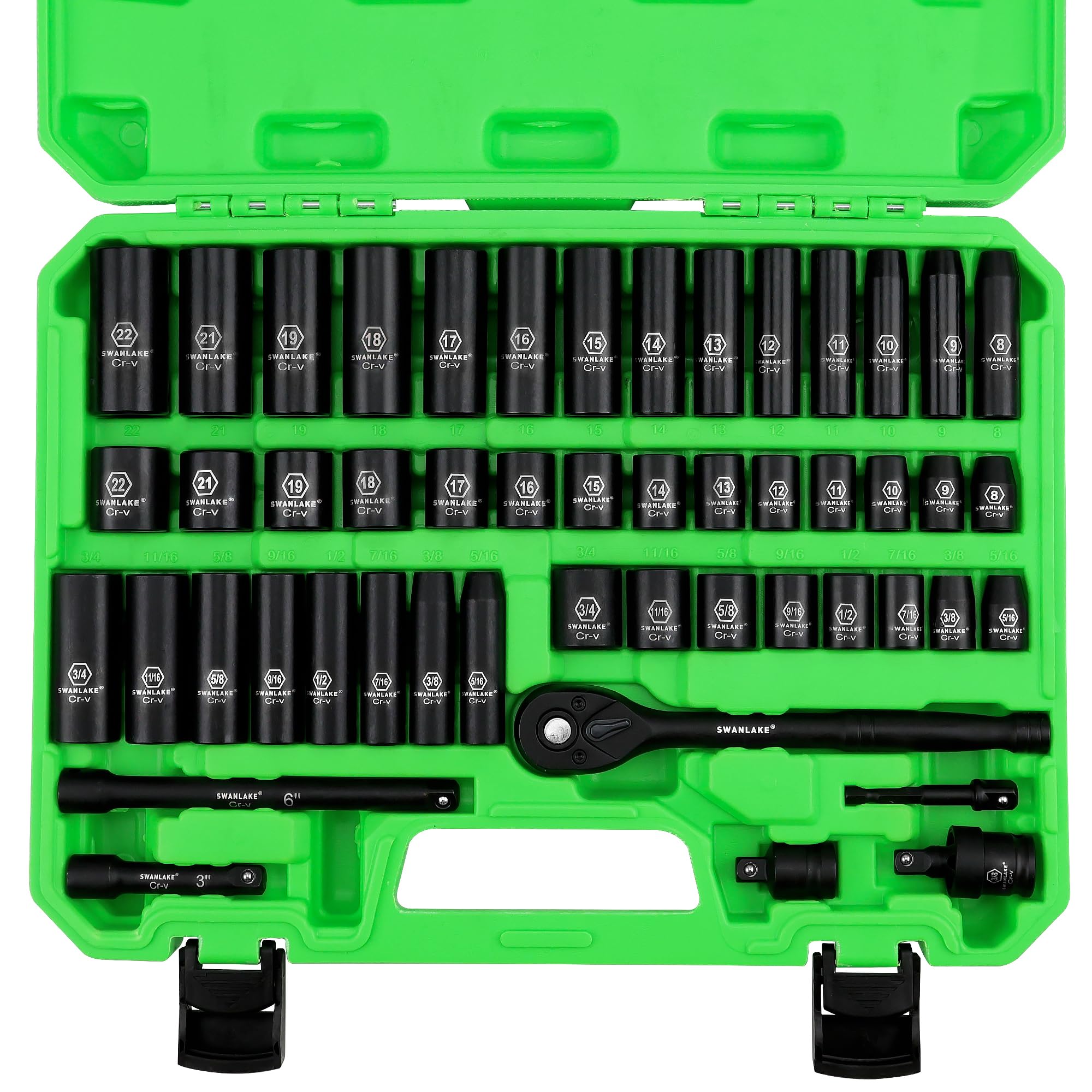 SWANLAKE 3/8" Drive Impact Socket Set, 50-Piece Standard SAE (5/16 to 3/4 inch) and Metric (8-22mm) Size, 6 Point, Cr-V, 3/8-Inch Ratchet Handle, Extension Bar, Universal Joint