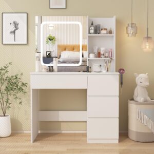 vabches white vanity desk with mirror and lights, makeup vanity with lights 4 drawers, vanity table with power outlet & sliding door, 3 lighting colors, 37inch