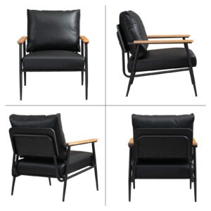 GYI Black Leather Accent Chair Set of 2, 23.6'' Wide Armchair Set of 2, Industrial Black Metal Frame Accent Chairs with Wood Arms, Mid-Century Modern Comfy Sofa Chair for Living Room, Bedroom