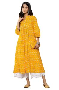 janasya indian women's mustard cotton botanical printed flared kurta