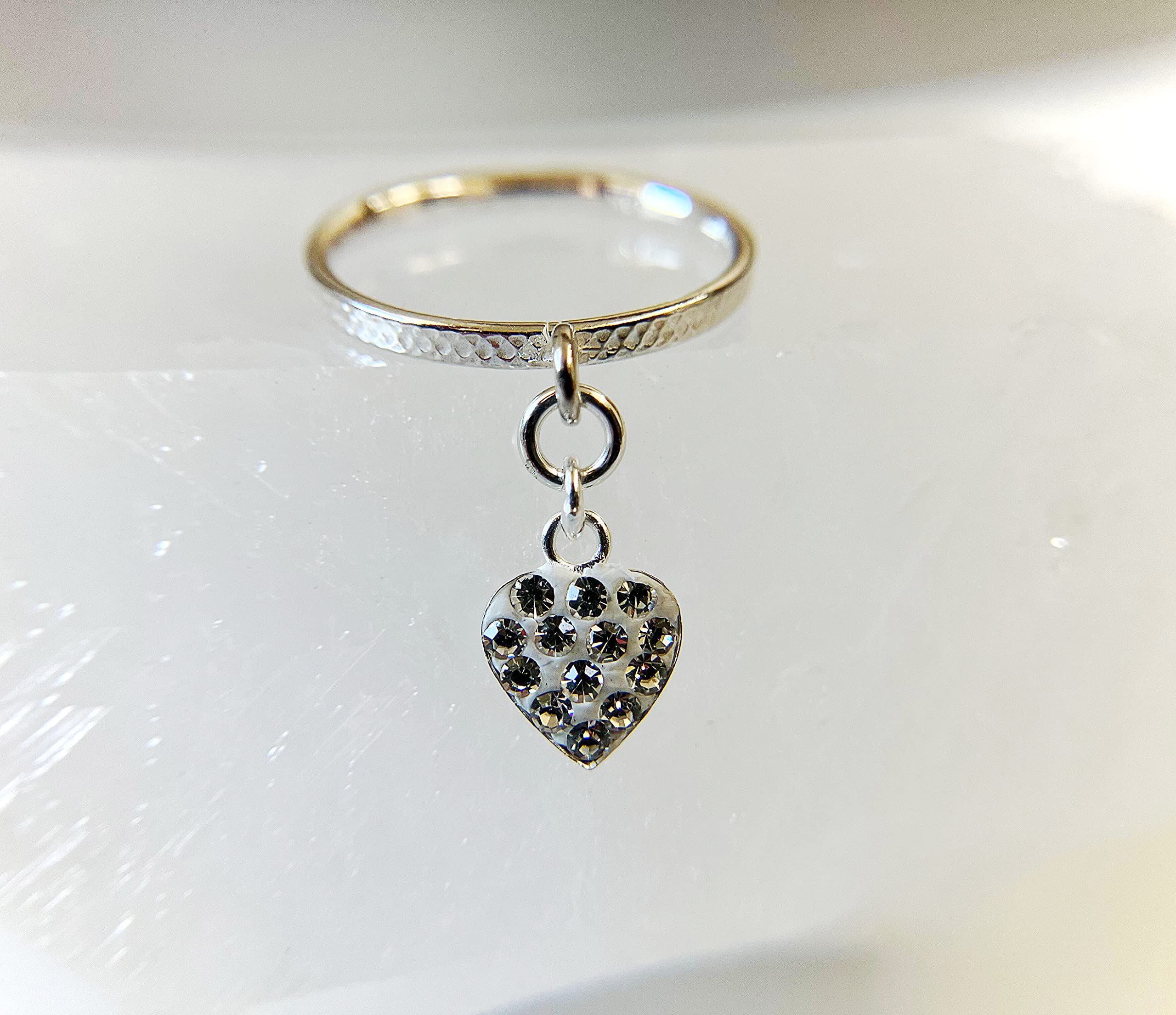 Heart Charm Ring, Dainty Clear Crystal Pave Charm Ring, Textured Band, Smooth Band, Sterling Silver Ring, Stackable Ring, Custom Size 5 6 7 8. Jewelry Inspirations