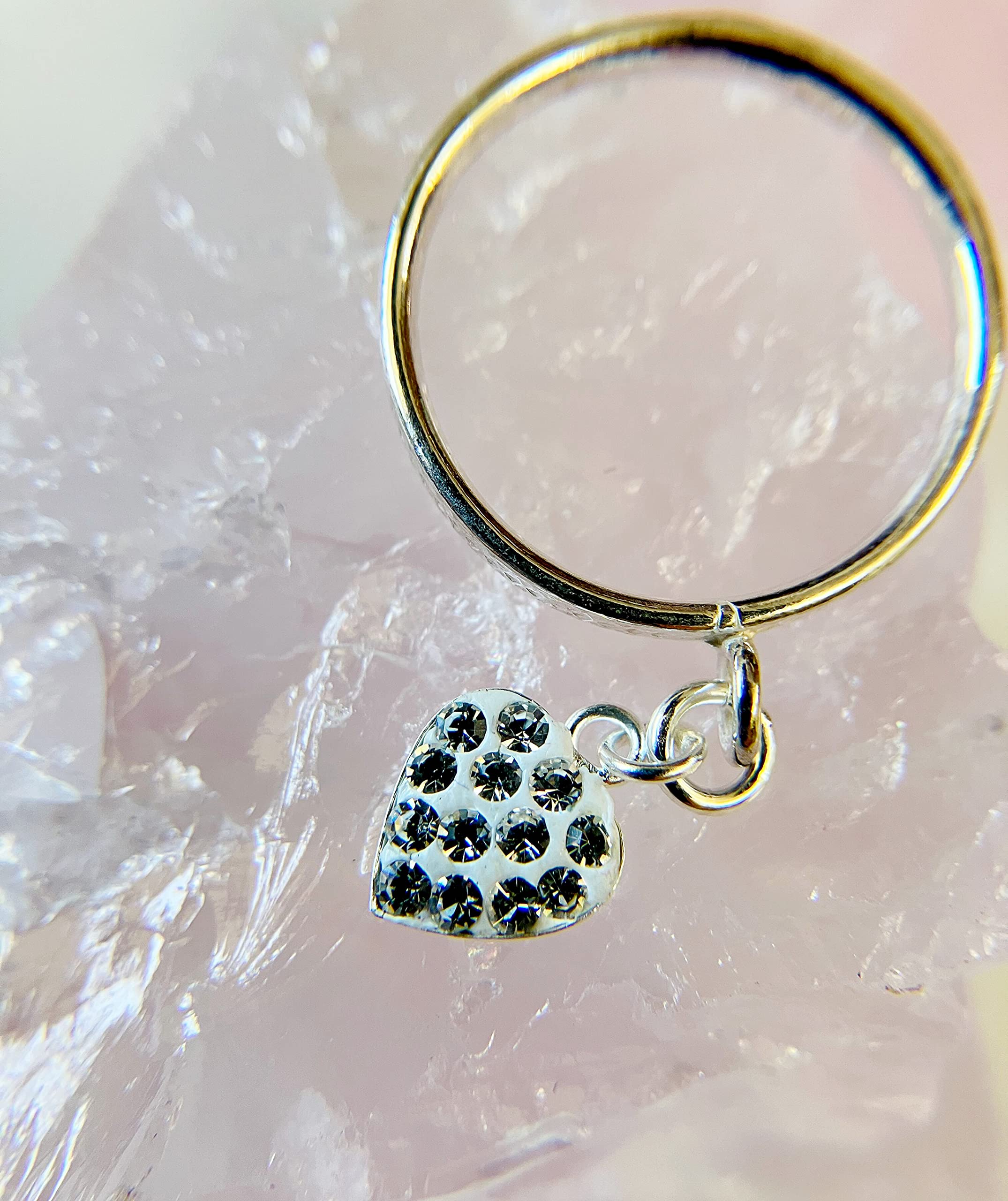 Heart Charm Ring, Dainty Clear Crystal Pave Charm Ring, Textured Band, Smooth Band, Sterling Silver Ring, Stackable Ring, Custom Size 5 6 7 8. Jewelry Inspirations