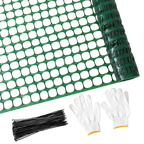 PotatoLife Plastic Mesh Fence Safety Fence, 4'x100' Roll with 100 Zip Ties, Resuable Temporary Netting for Garden Fencing, Construction, Snow Fencing, Animal Barrier, Poultry, Deer, Patio, Green