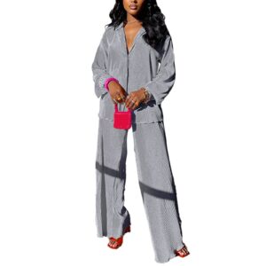 kaimimei casual 2 piece outfit for women - linen long sleeve button down shirt + flare pleated wide leg pants sets streetwear