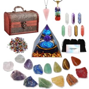 29pcs healing crystals set, crystals and healing stones,7 raw chakra stones,7 tumbled stones, 7 bullet shaped chakra stones, 2 chakra necklace, crystal pyramid, crystal sets for healing,crystal gifts