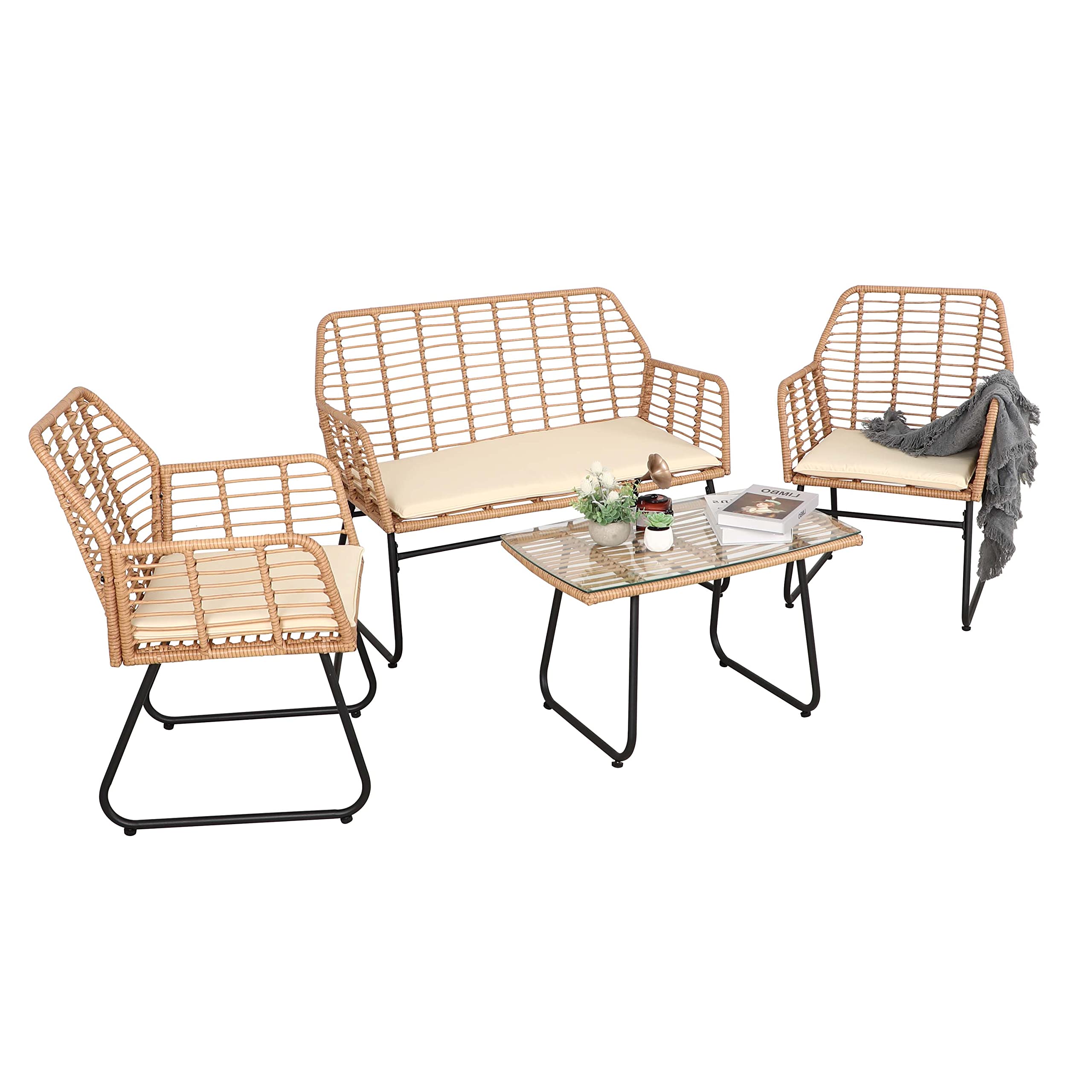 PAOLFOX 4 Piece Patio Conversation Sets,Wicker Patio Furniture Sets,Outdoor Patio Furniture,Outside Furniture,Backyard Furniture,Front Porch Furniture,Beige