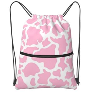 famame pink cow print drawstring backpack string bag sackpack for gym shopping beach sport yoga