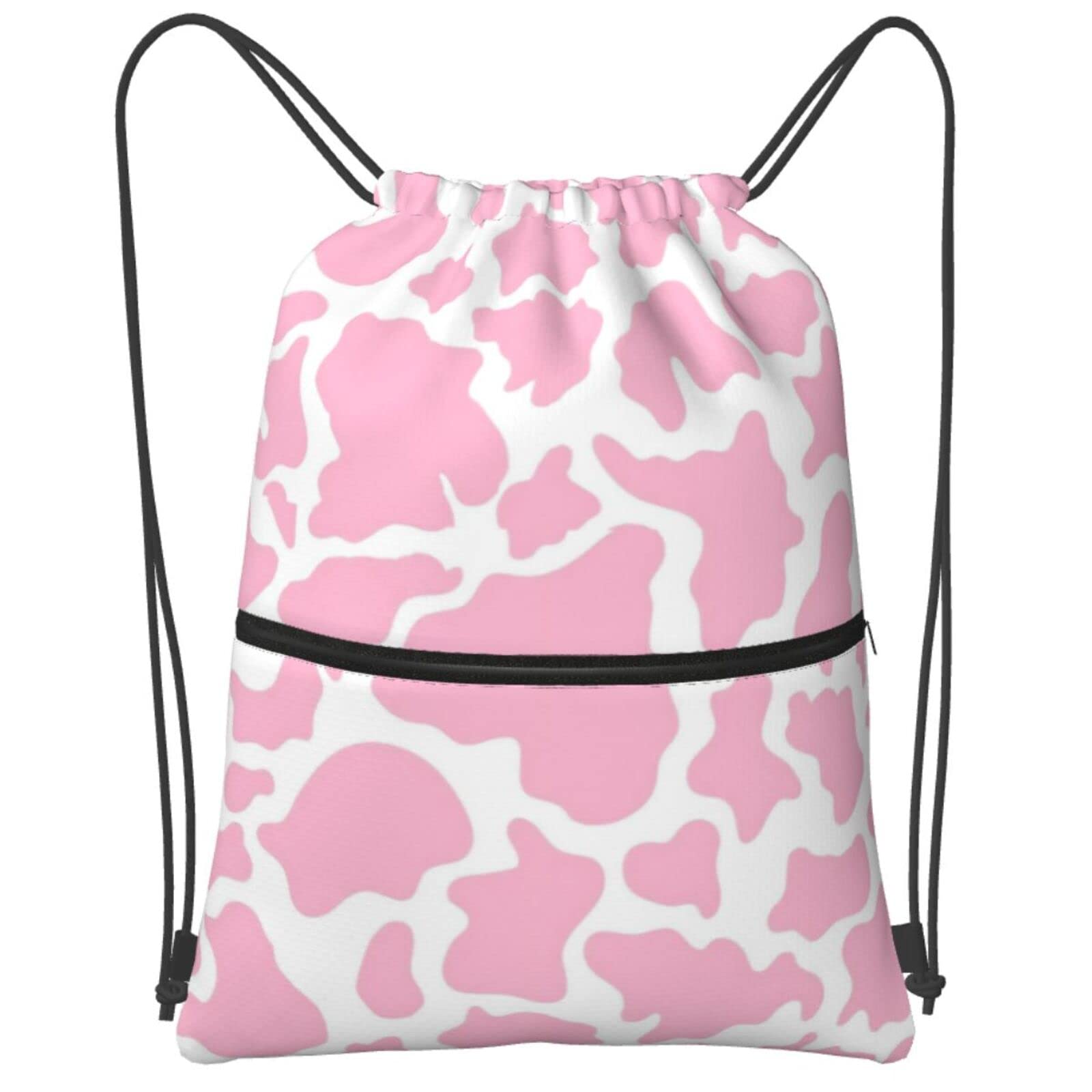 Famame Pink Cow Print Drawstring Backpack String Bag Sackpack For Gym Shopping Beach Sport Yoga