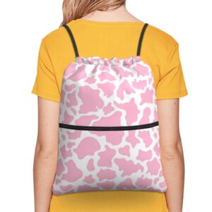 Famame Pink Cow Print Drawstring Backpack String Bag Sackpack For Gym Shopping Beach Sport Yoga