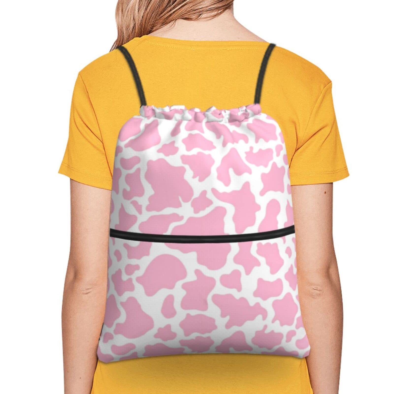 Famame Pink Cow Print Drawstring Backpack String Bag Sackpack For Gym Shopping Beach Sport Yoga