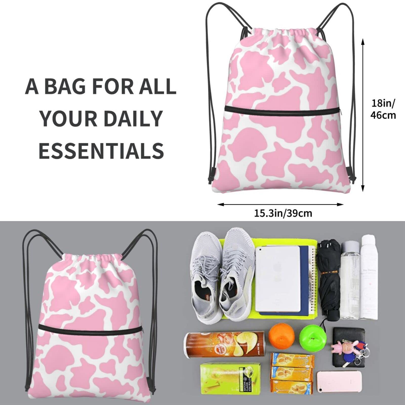 Famame Pink Cow Print Drawstring Backpack String Bag Sackpack For Gym Shopping Beach Sport Yoga