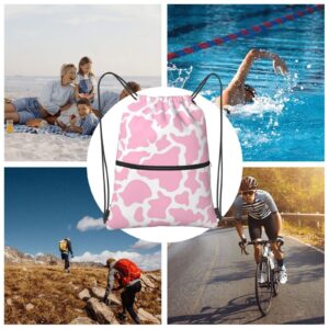 Famame Pink Cow Print Drawstring Backpack String Bag Sackpack For Gym Shopping Beach Sport Yoga