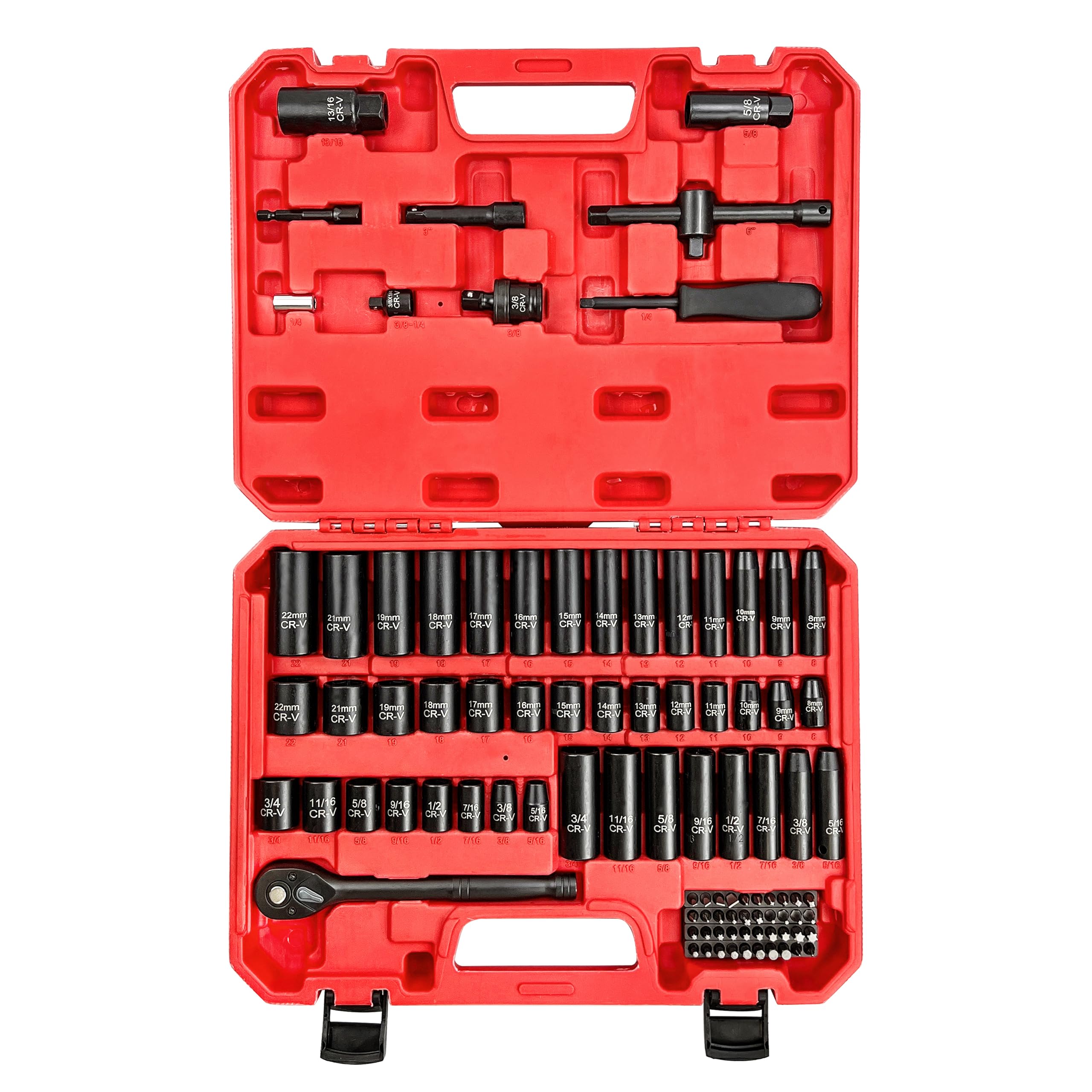 WETT 3/8" Drive Impact Socket Set, 95-Piece Socket Wrench Set, SAE/Metric, Deep/Shallow, CR-V Steel Kit, (5/16"-3/4", 8-22mm), 3/8" Ratchet Handle, Adapter, Extension Bar, Spark Plug Socket, 1/4" Bits