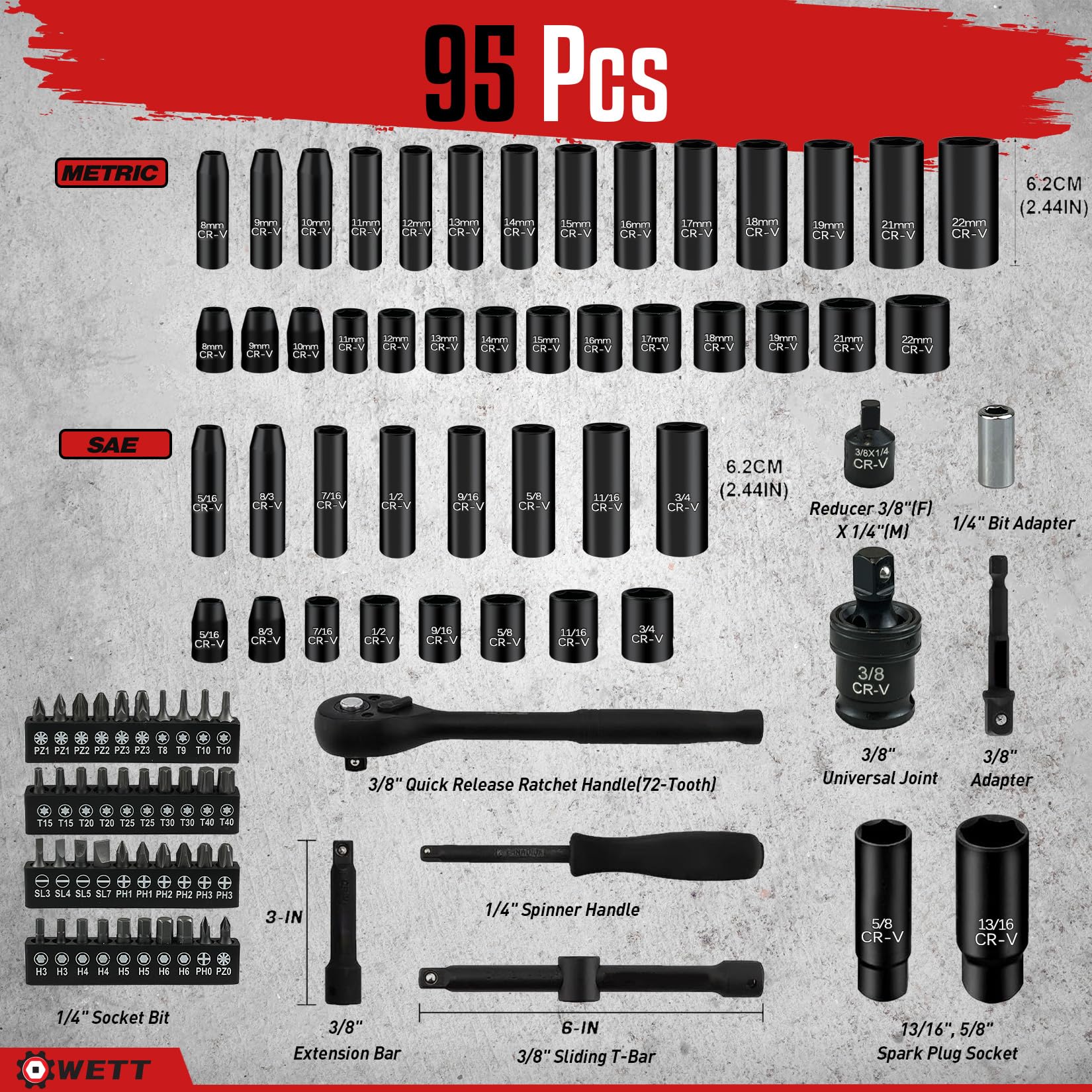 WETT 3/8" Drive Impact Socket Set, 95-Piece Socket Wrench Set, SAE/Metric, Deep/Shallow, CR-V Steel Kit, (5/16"-3/4", 8-22mm), 3/8" Ratchet Handle, Adapter, Extension Bar, Spark Plug Socket, 1/4" Bits