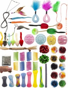 fashion's talk cat toys 50 pcs for indoor cats,interactive door hanging mice feather toy cat spring toy cat wand catnip crinkle balls silvervine sticks balls kitten toys bulk