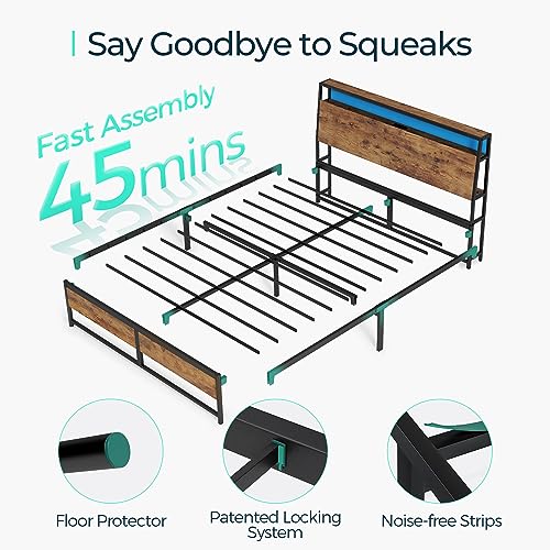 LINSY Queen Bed Frame with Ergonomic Headboard, Fast Assembly Industrial Bed Frame Queen Size with Lights & Charging Station, Platform Metal Bed Frame Queen with Storage, Rustic Brown