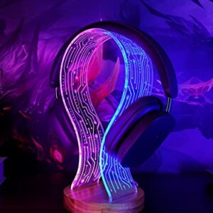 YuanDian Headphone Stand, Walnut Wood Headset Holder with Blue Pink LED Night Light for Gamers, Men, and Music Lovers - Perfect Desk Gift Idea