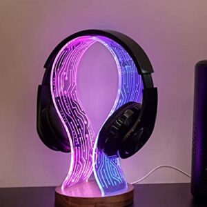 YuanDian Headphone Stand, Walnut Wood Headset Holder with Blue Pink LED Night Light for Gamers, Men, and Music Lovers - Perfect Desk Gift Idea