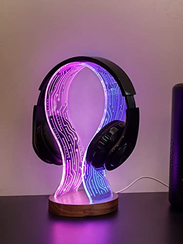 YuanDian Headphone Stand, Walnut Wood Headset Holder with Blue Pink LED Night Light for Gamers, Men, and Music Lovers - Perfect Desk Gift Idea