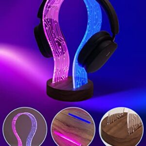 YuanDian Headphone Stand, Walnut Wood Headset Holder with Blue Pink LED Night Light for Gamers, Men, and Music Lovers - Perfect Desk Gift Idea