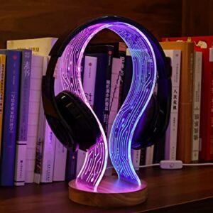 YuanDian Headphone Stand, Walnut Wood Headset Holder with Blue Pink LED Night Light for Gamers, Men, and Music Lovers - Perfect Desk Gift Idea