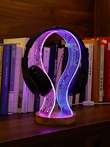 YuanDian Headphone Stand, Walnut Wood Headset Holder with Blue Pink LED Night Light for Gamers, Men, and Music Lovers - Perfect Desk Gift Idea