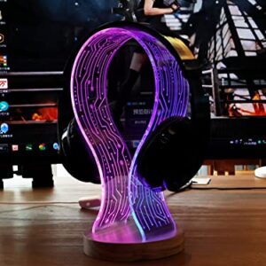 YuanDian Headphone Stand, Walnut Wood Headset Holder with Blue Pink LED Night Light for Gamers, Men, and Music Lovers - Perfect Desk Gift Idea